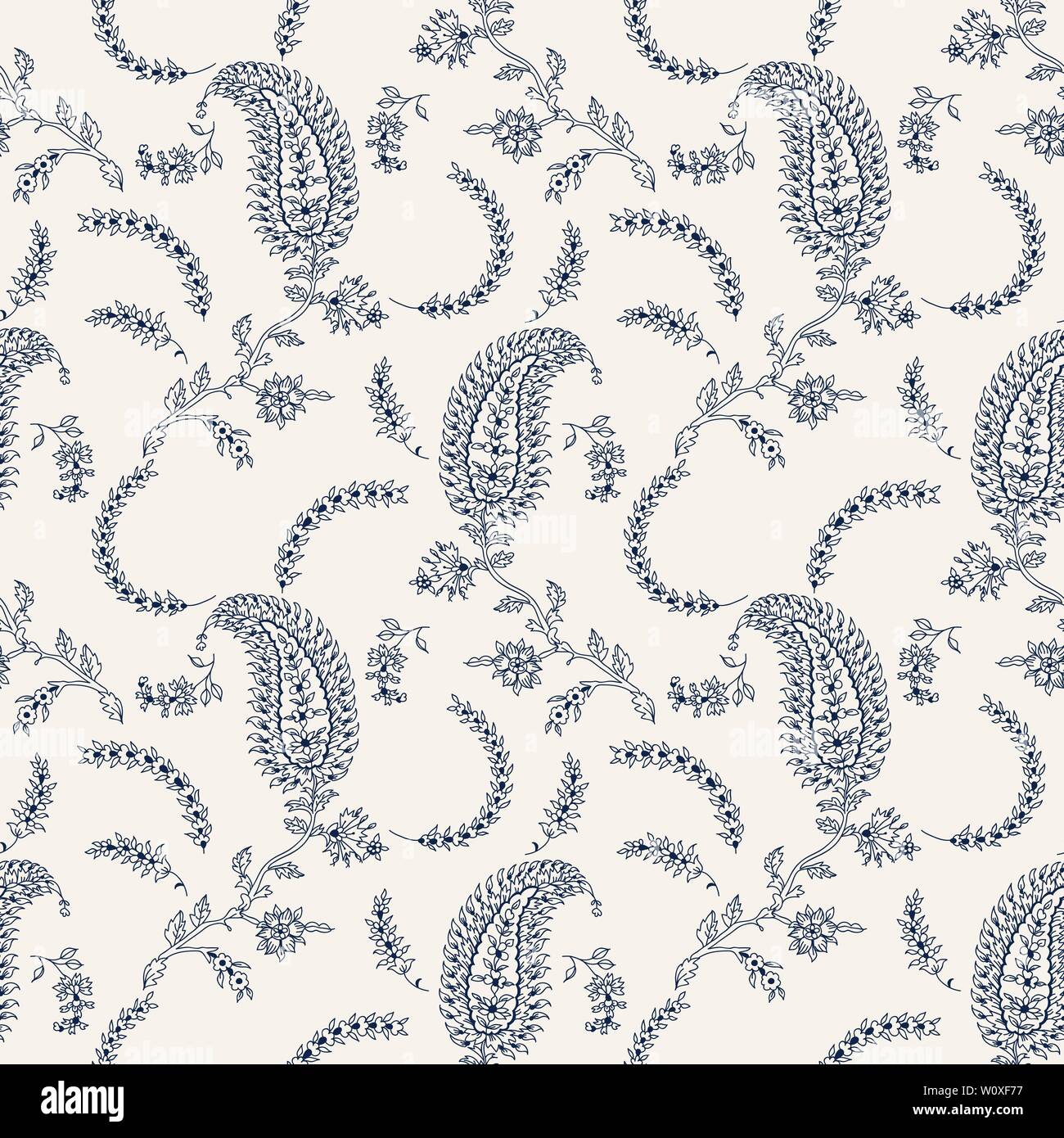 Indigo dye seamless paisley floral pattern. Traditional wood block ...