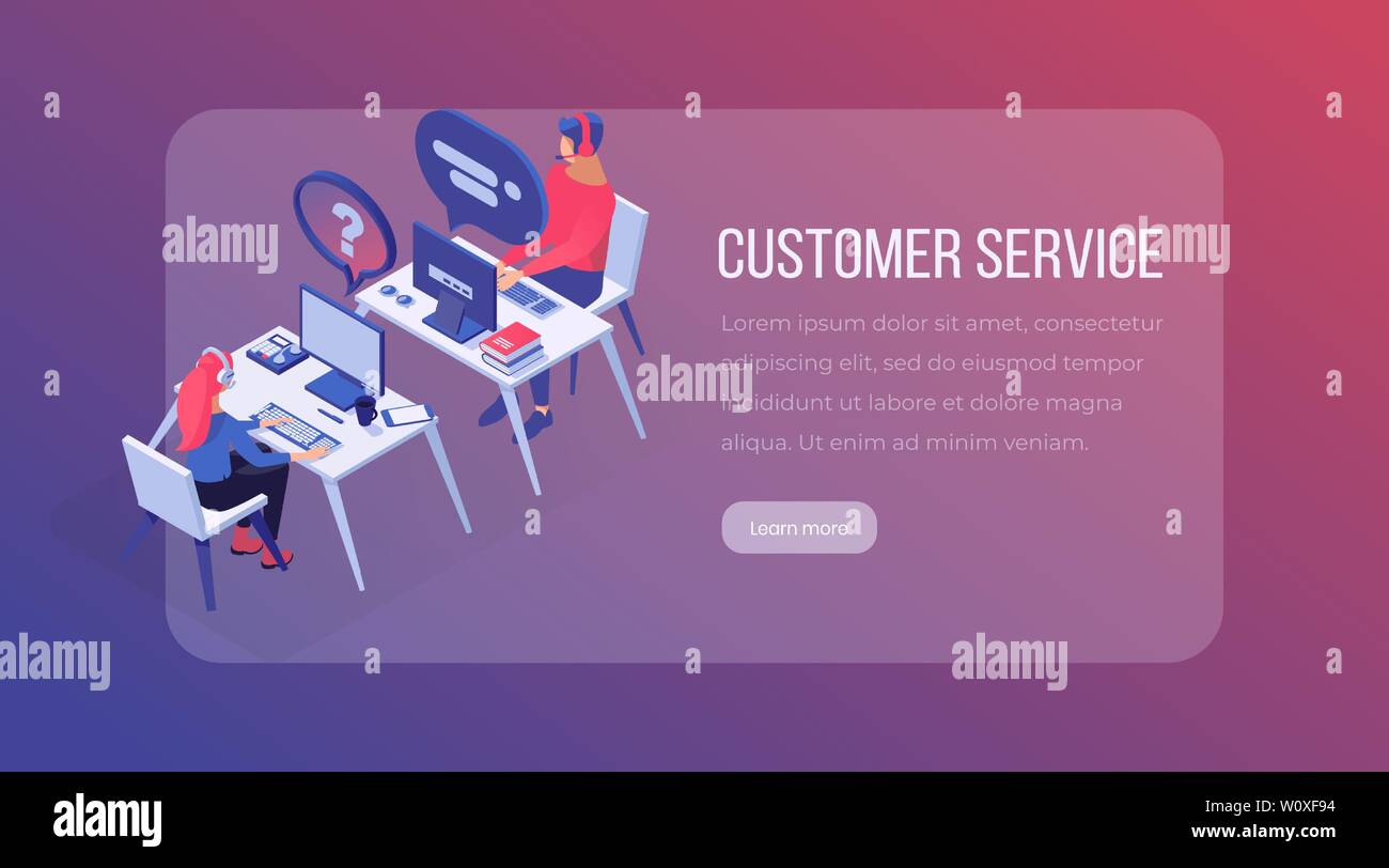 Customer service isometric landing page. Office workers, operators ...