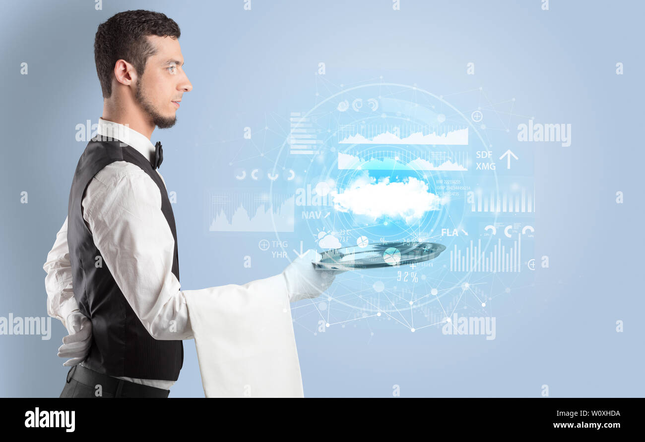 Elegant young waiter serving cloud technology concept Stock Photo - Alamy