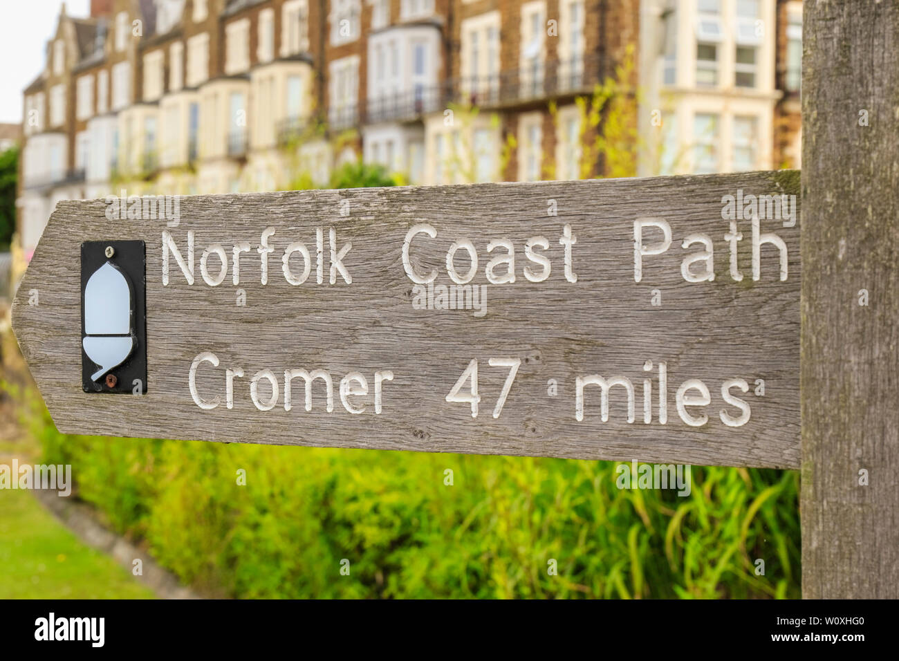 Wooden Norfolk coastal path signpost pointing to Cromer from Hunstanton ...