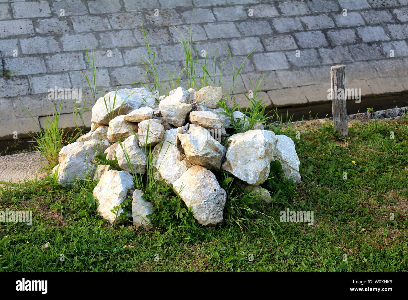 Pile of white rocks with grass growing between them next to narrow ...