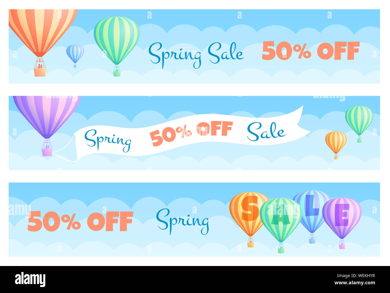 Hot air balloon sale banner illustration. Discount coupon template white cloud on summer blue sky colorful stripes hot air balloons with big banner Spring Sale Discount. Clipping mask applied Stock Ph...