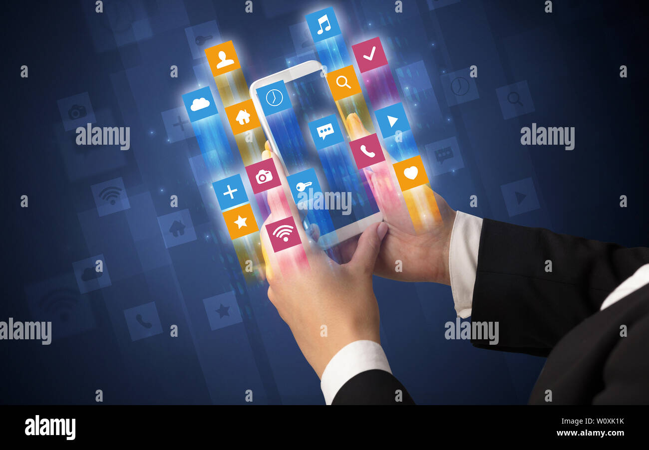 Female hand using smartphone with colorful angular fast switching ...