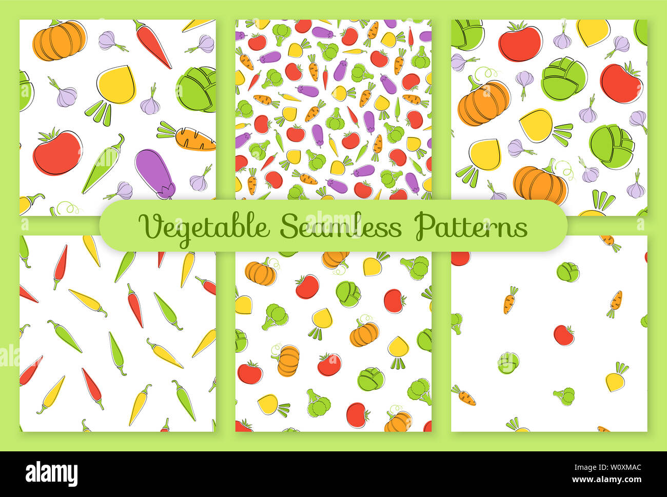 Outline seamless vegetable background set flat illustration. Background ...