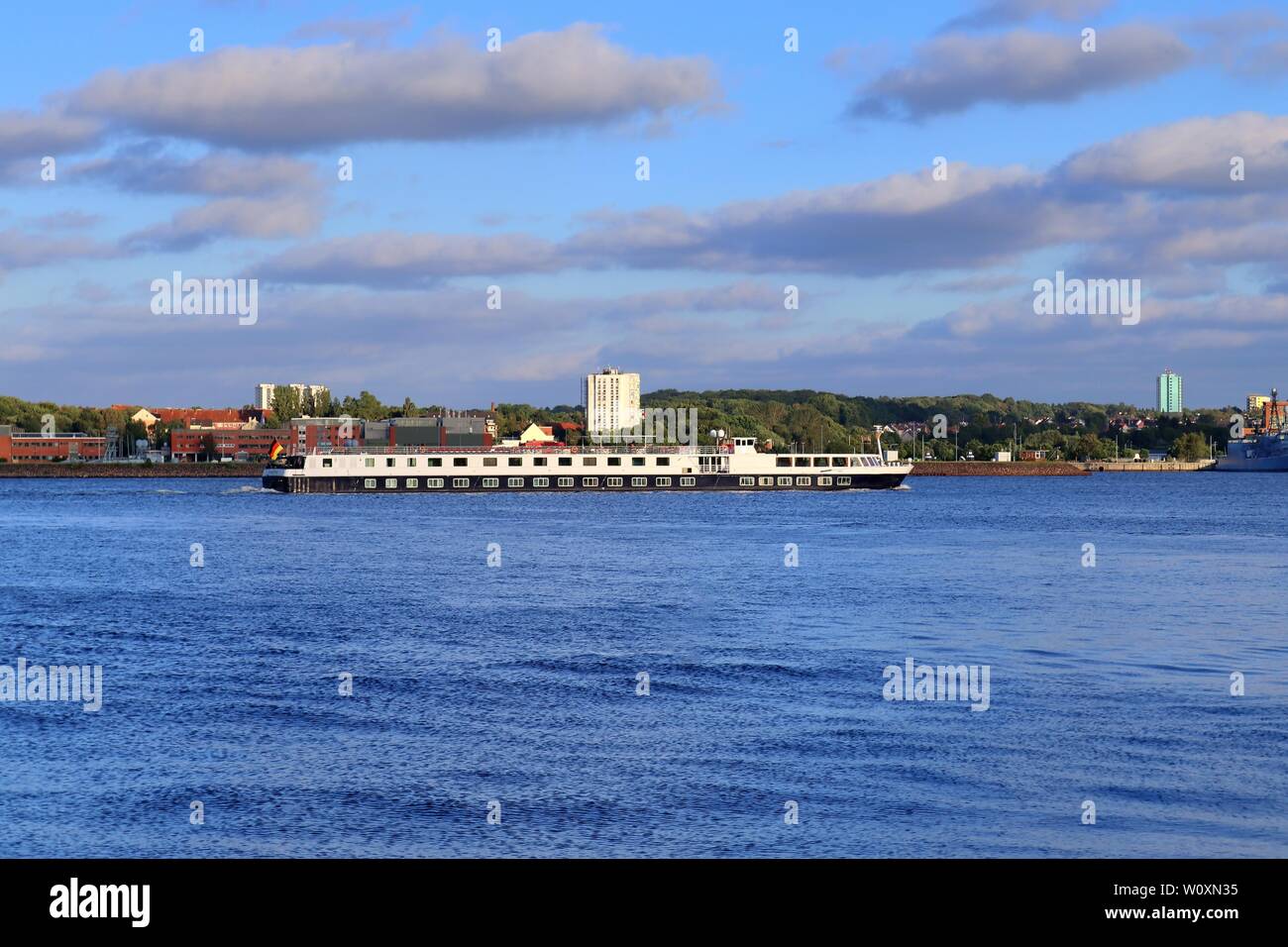 View on the baltic sea at the port of Kiel with some boats and ships ...