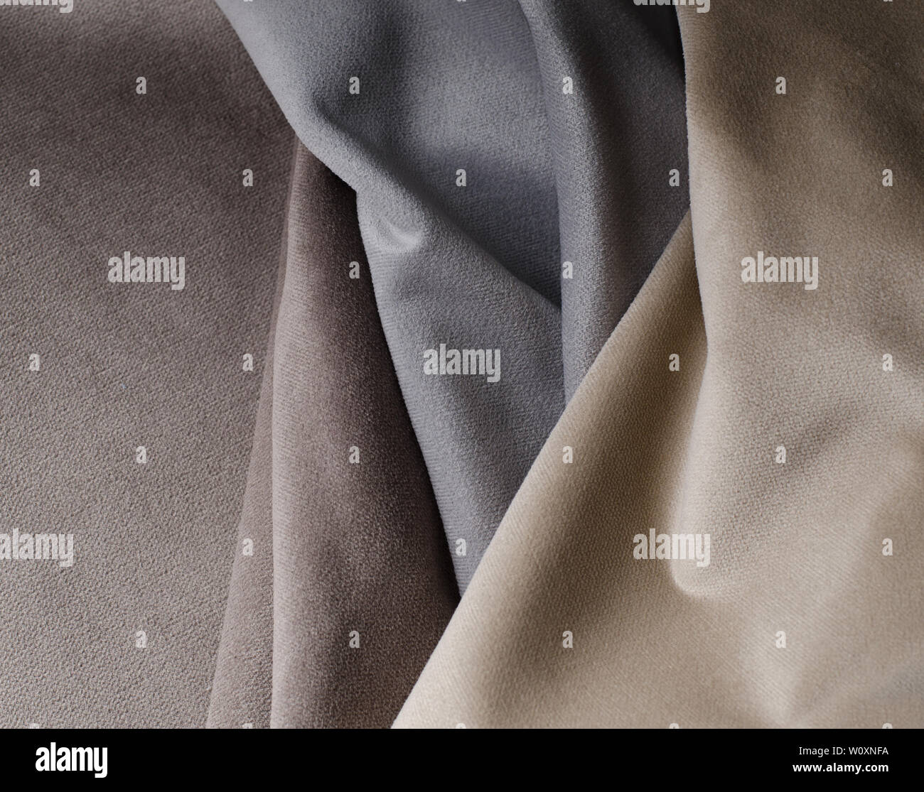 Light beige and grey colors velour textile samples. Fabric texture ...