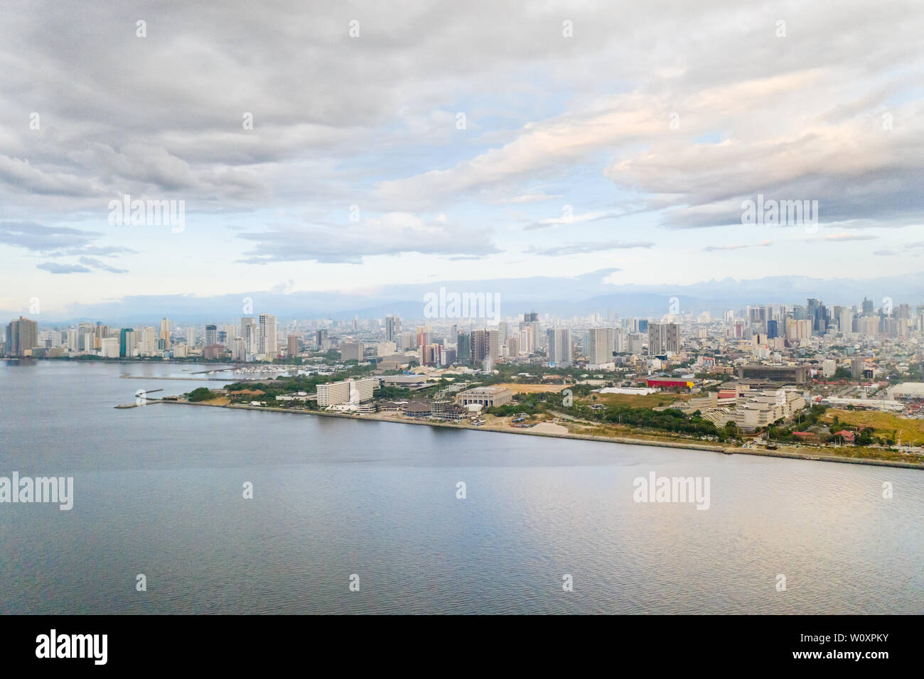 Manila city in the morning, view from above. Panorama of a large port ...