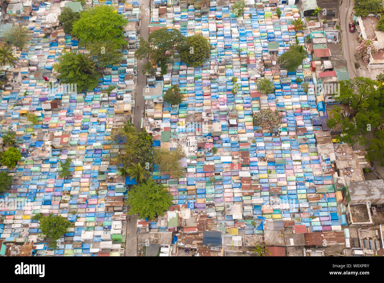 City cemetery in Manila, view from above. Many stone coffins and crypts ...