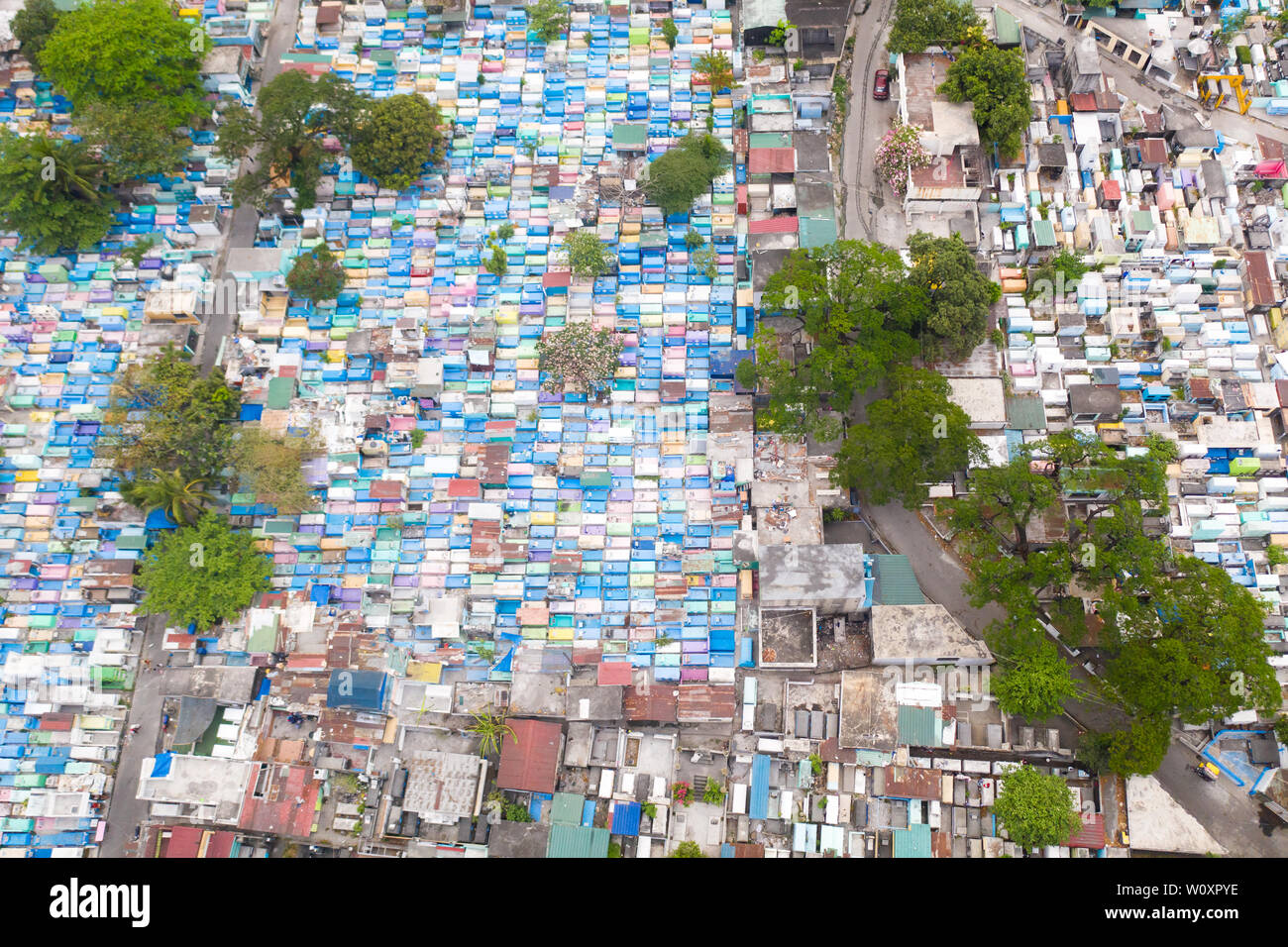 City cemetery in Manila, view from above. Many stone coffins and crypts ...