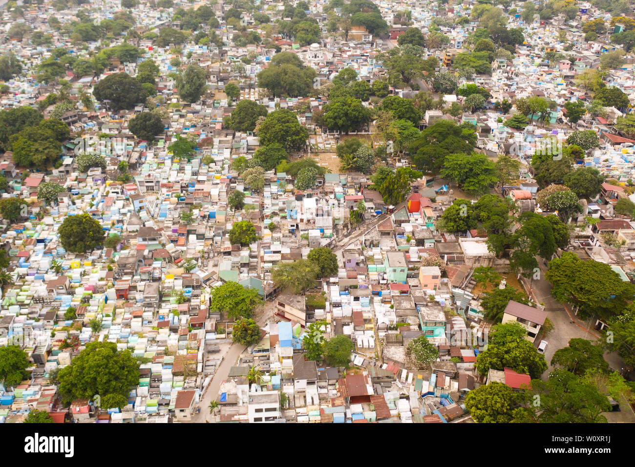 City cemetery in Manila, view from above. Many stone coffins and crypts ...