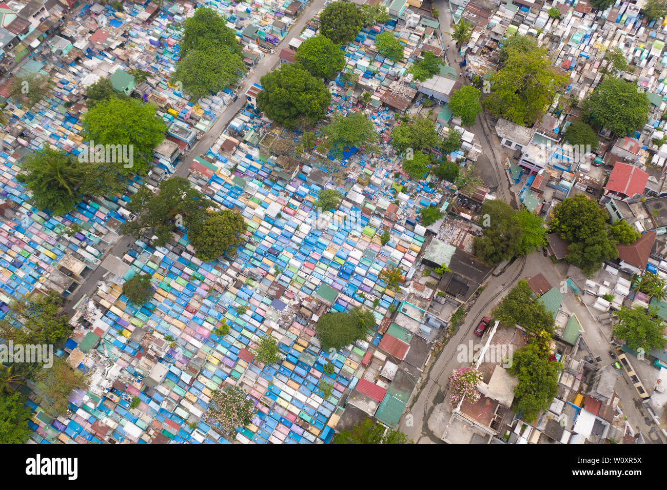City cemetery in Manila, view from above. Many stone coffins and crypts ...