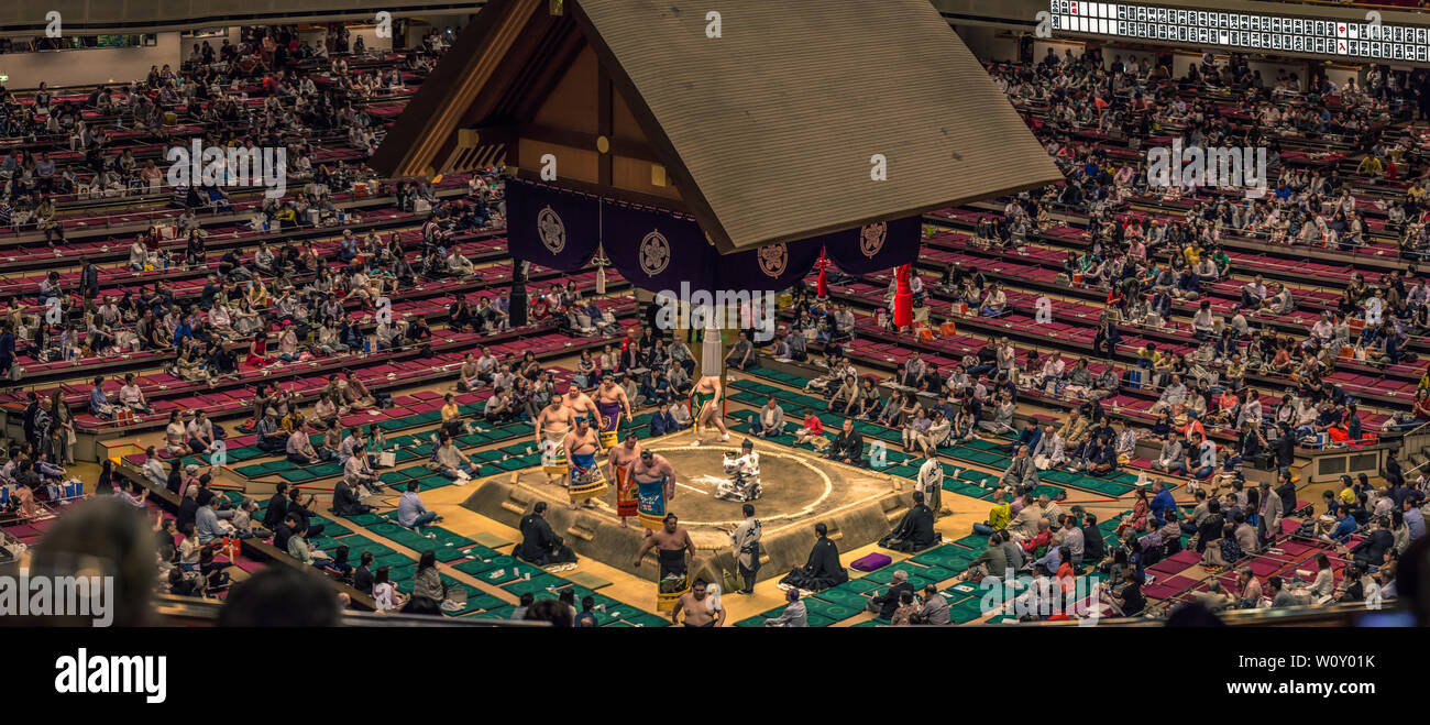Tokyo - May 19, 2019: Sumo wrestling match in the Ryogoku arena, Tokyo ...