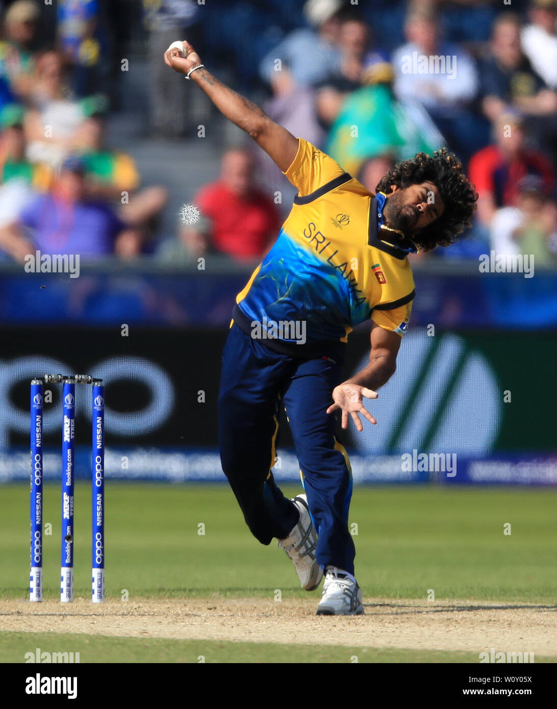 Sri Lanka's Lasith Malinga bowls during the ICC cricket World Cup group stage match at Riverside ...