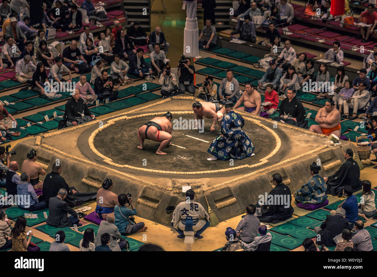 Tokyo - May 19, 2019: Sumo wrestling match in the Ryogoku arena, Tokyo ...