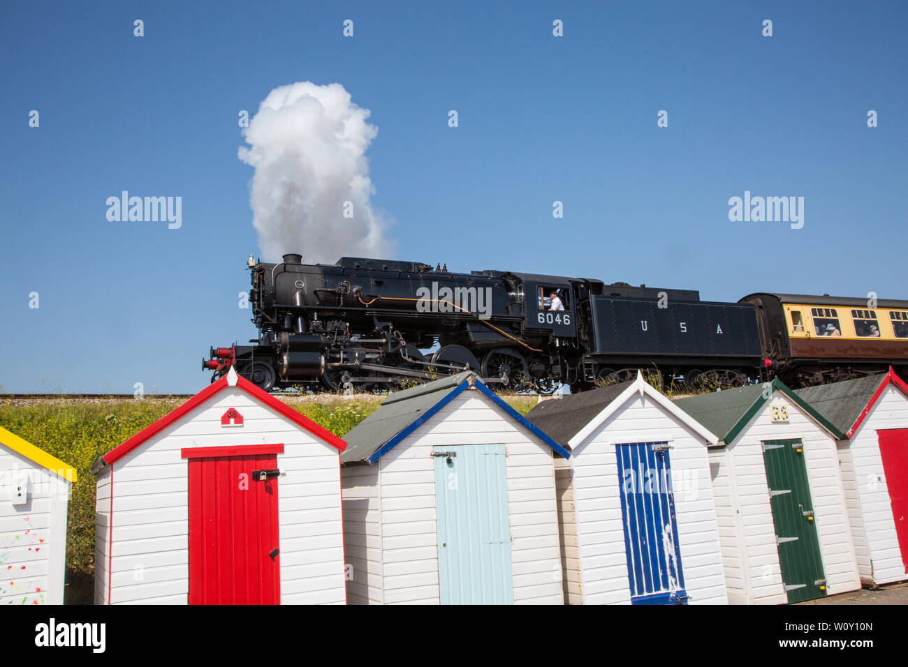 Steam train passing above beach huts on its way to Kingswear on the ...