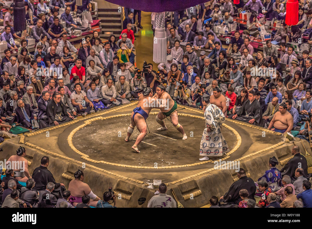 Tokyo - May 19, 2019: Sumo wrestling match in the Ryogoku arena, Tokyo ...