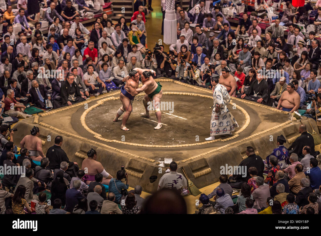 Tokyo - May 19, 2019: Sumo wrestling match in the Ryogoku arena, Tokyo ...