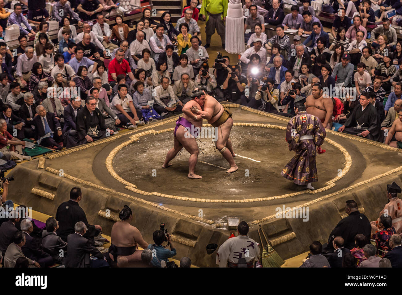 Tokyo - May 19, 2019: Sumo wrestling match in the Ryogoku arena, Tokyo ...