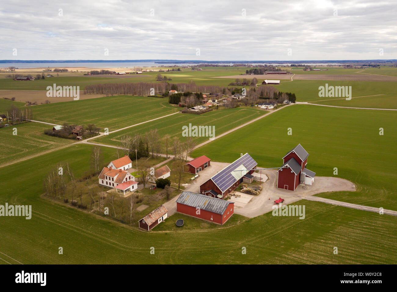 Top view of rural landscape on sunny spring day. Farm with solar photo ...