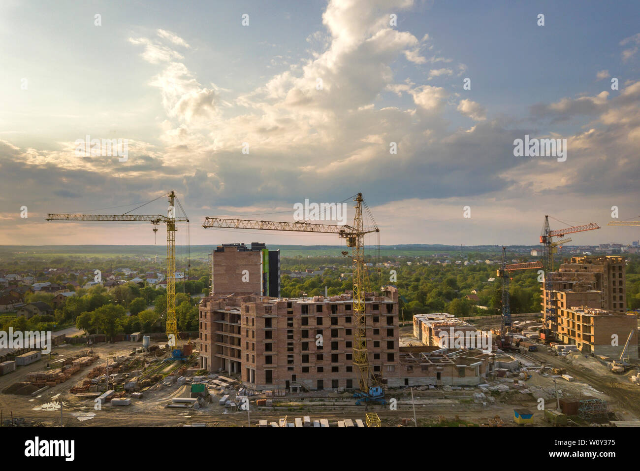 Aerial view of building site. Apartment or office building under ...