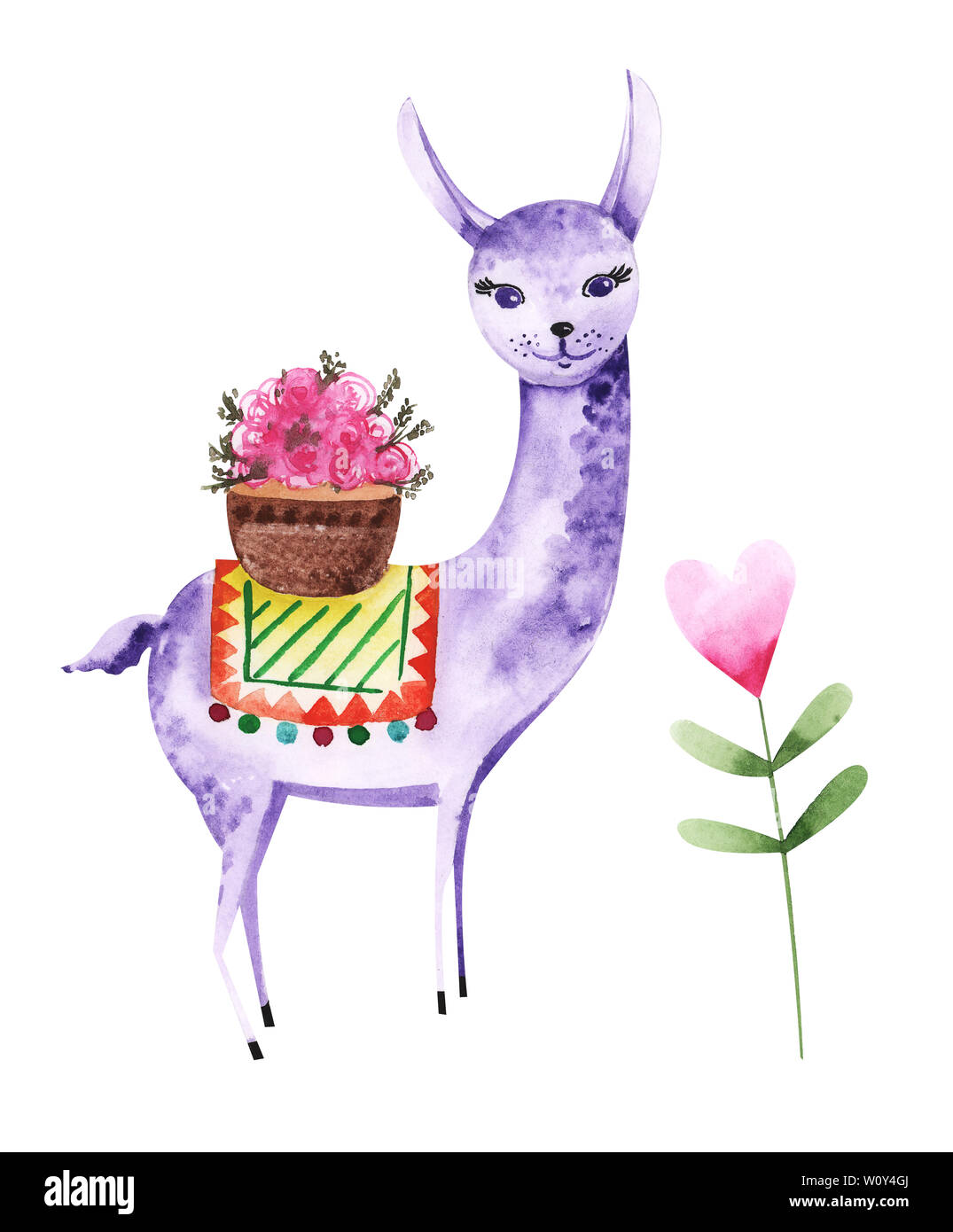 Illustration of drawing colored watercolor animal alpaca among flowers ...