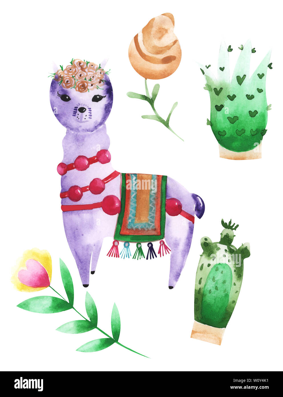Illustration of drawing colored watercolor animal alpaca among flowers ...