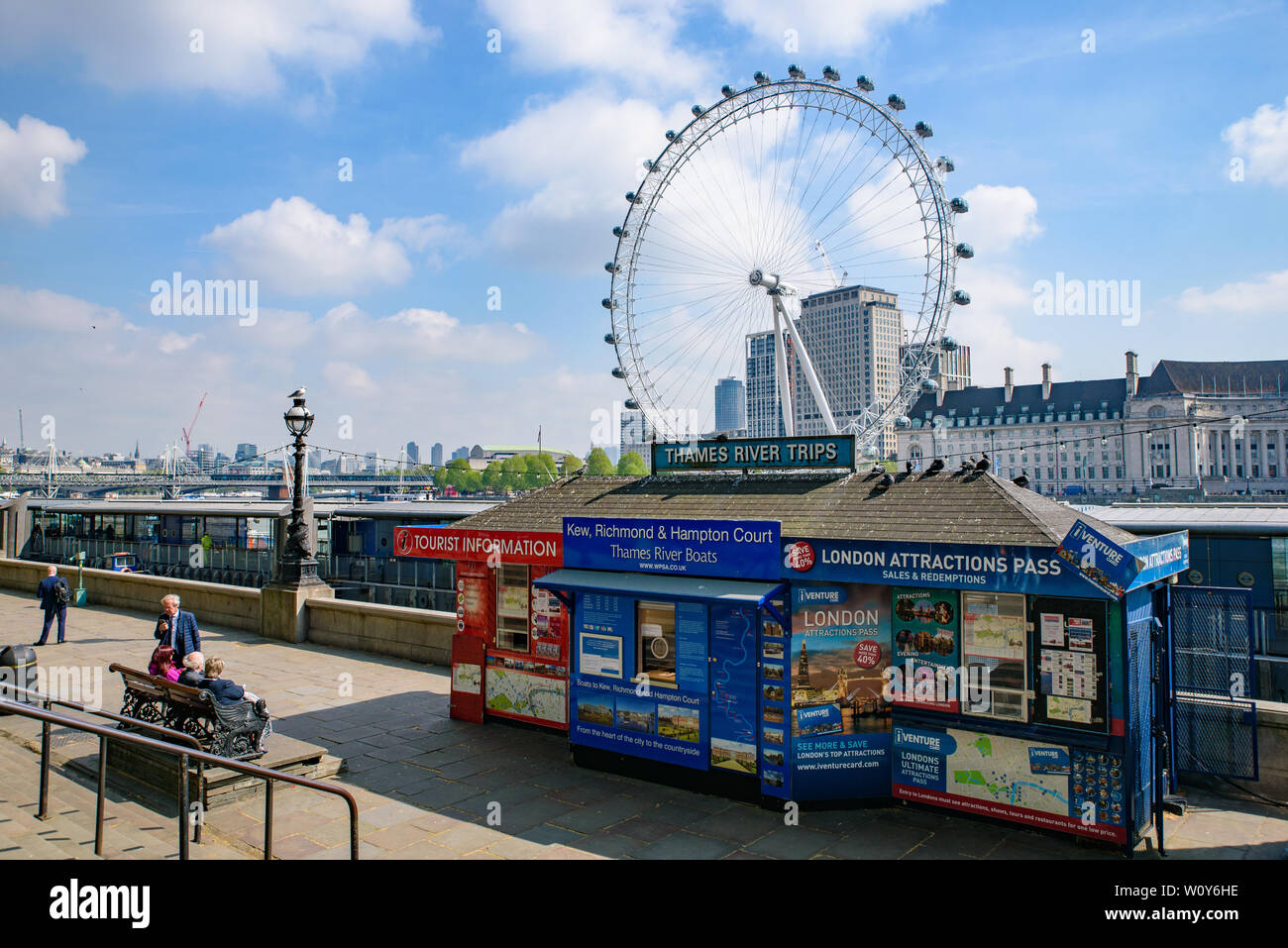 Westminster Millennium Pier on the north bank of the River Thames with ...