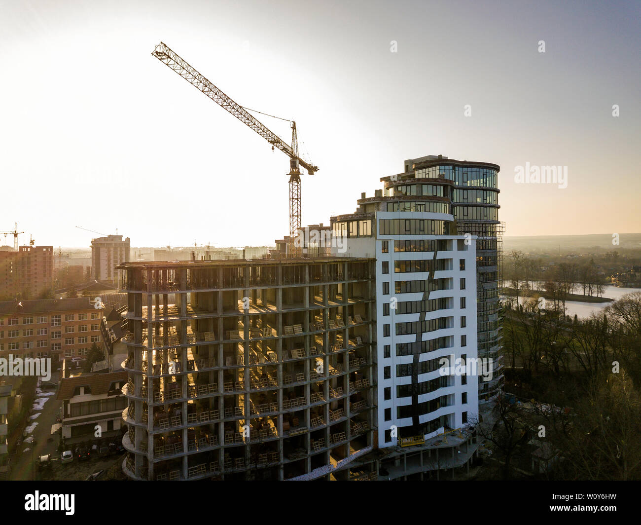 Apartment or office tall building under construction, top view. Tower ...