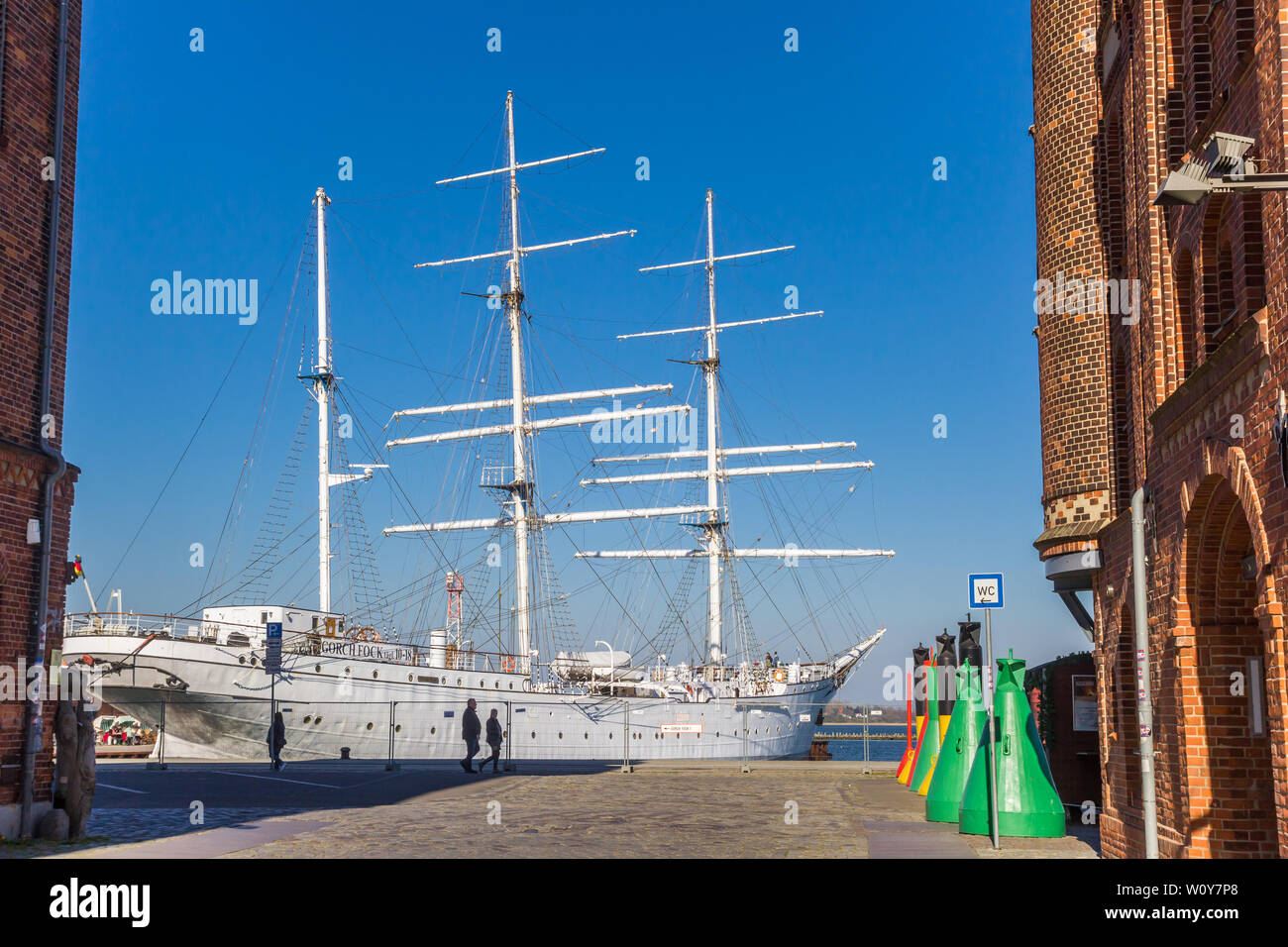 Historic Gorch Fock sailing ship in the harbor of Stralsund, Germany ...
