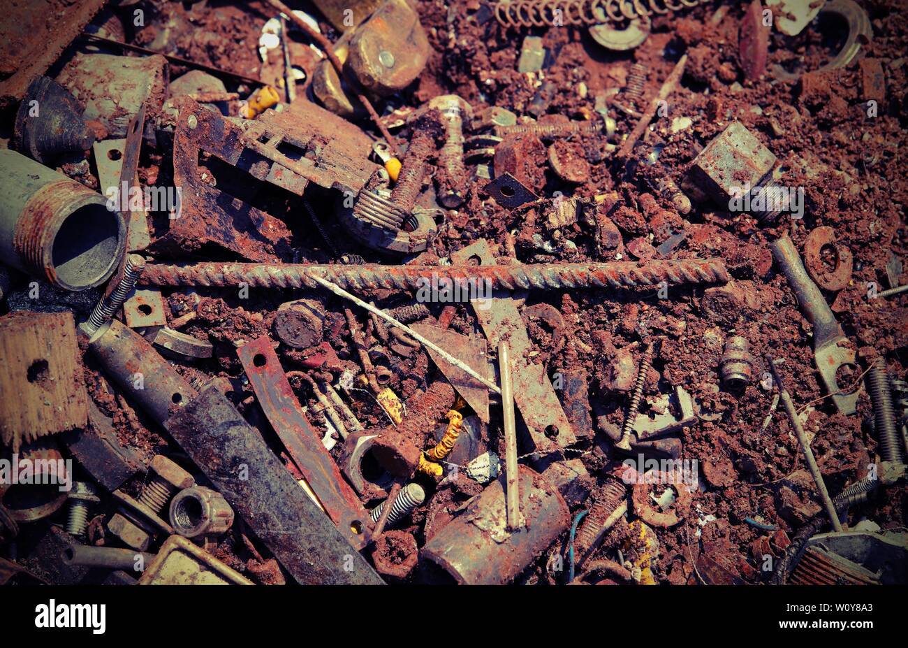 many broken used rusted metal objects in recycling center to the ...