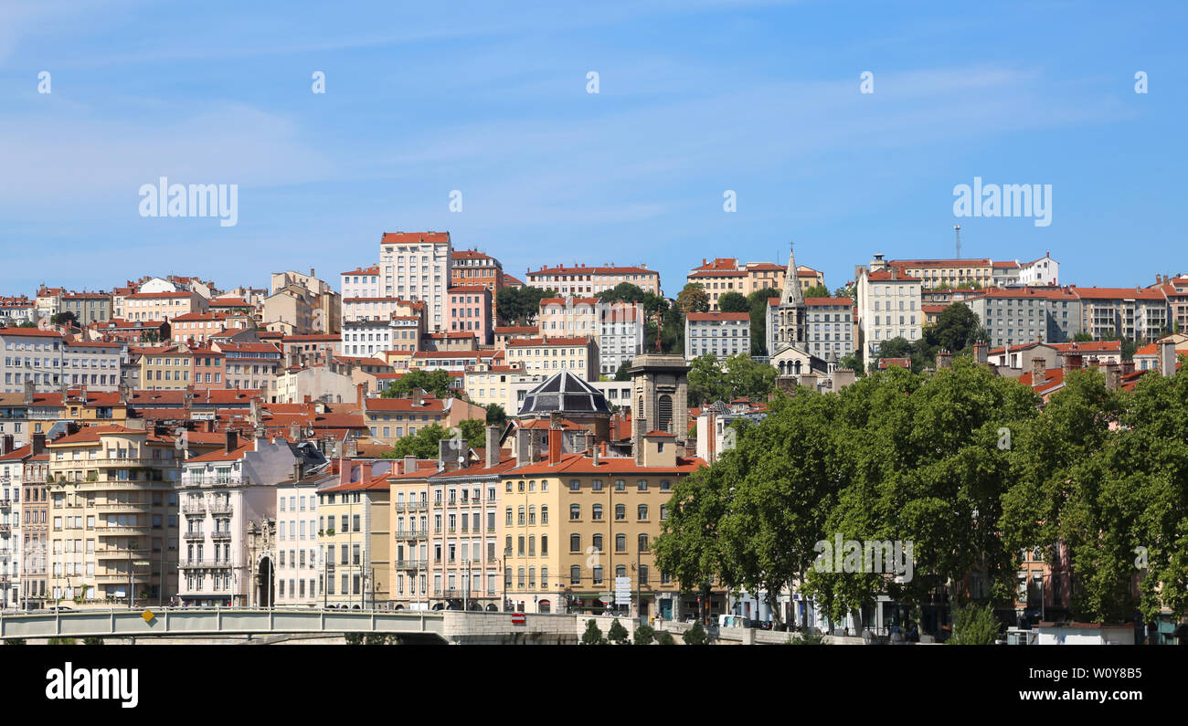 panorama of the old city of Lyon in France with the ancient buildings ...