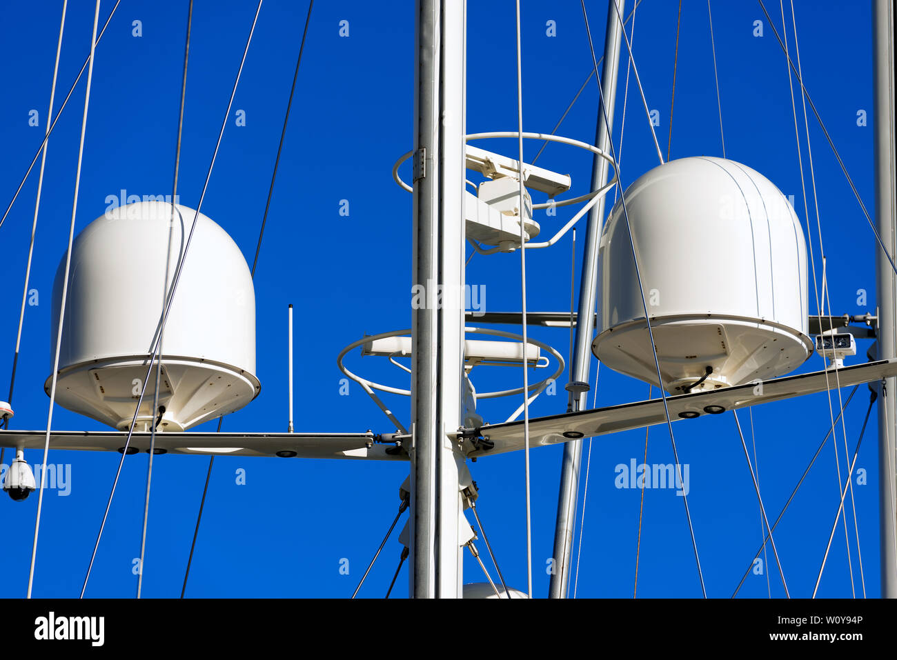 Detail of luxury white yacht with security camera and navigation ...