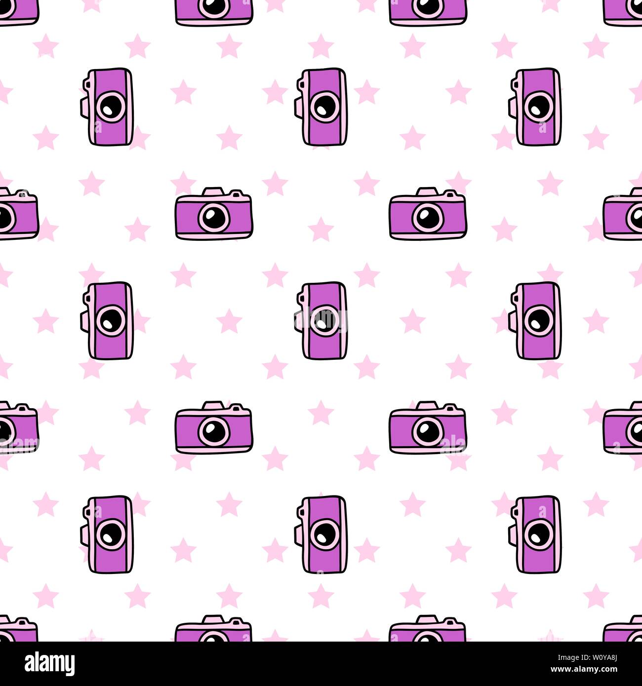 Hand Draw Camera and the stars Seamless Pattern. Vector colorful ...