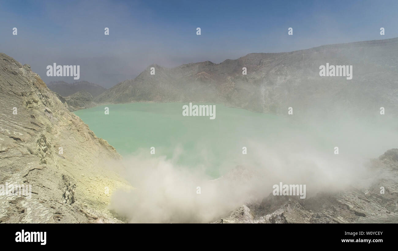 Aerial view mountain landscape with crater acid lake Kawah Ijen where ...