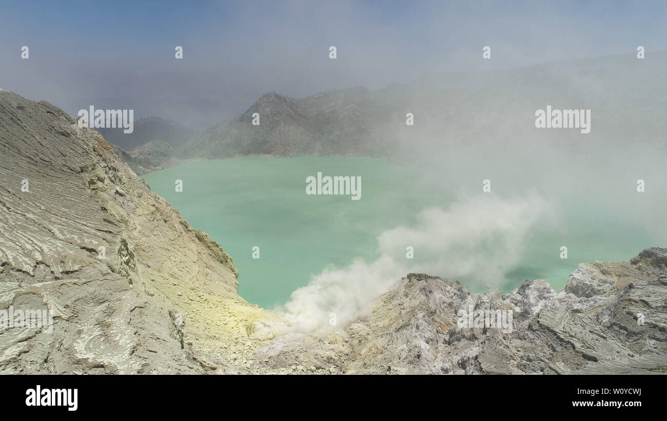 Aerial view mountain landscape with crater acid lake Kawah Ijen where ...
