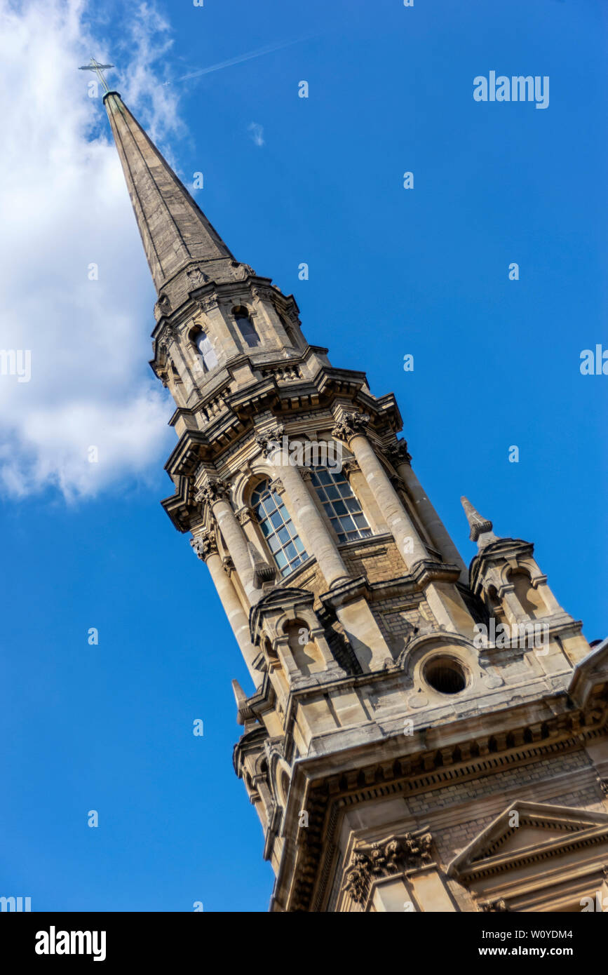 LONDON, UK - JULY 08, 2018: The spire of Hinde Street Methodist Church ...