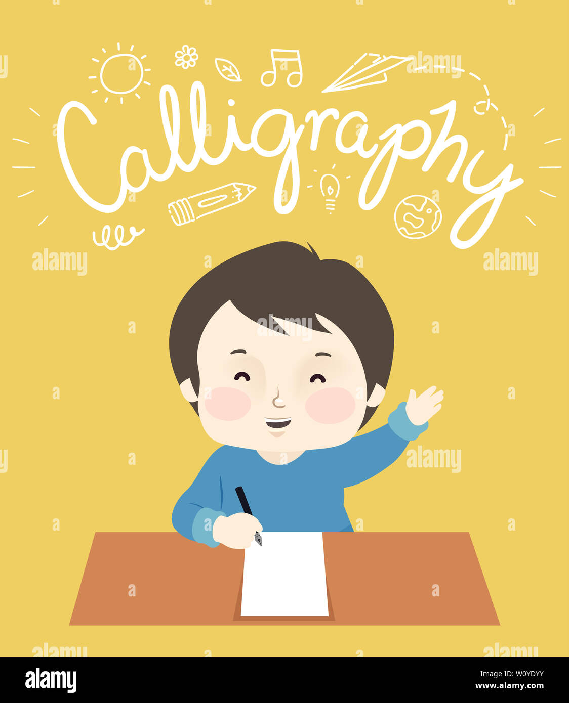 Illustration of a Kid Boy Holding a Fountain Pen and Waving with ...