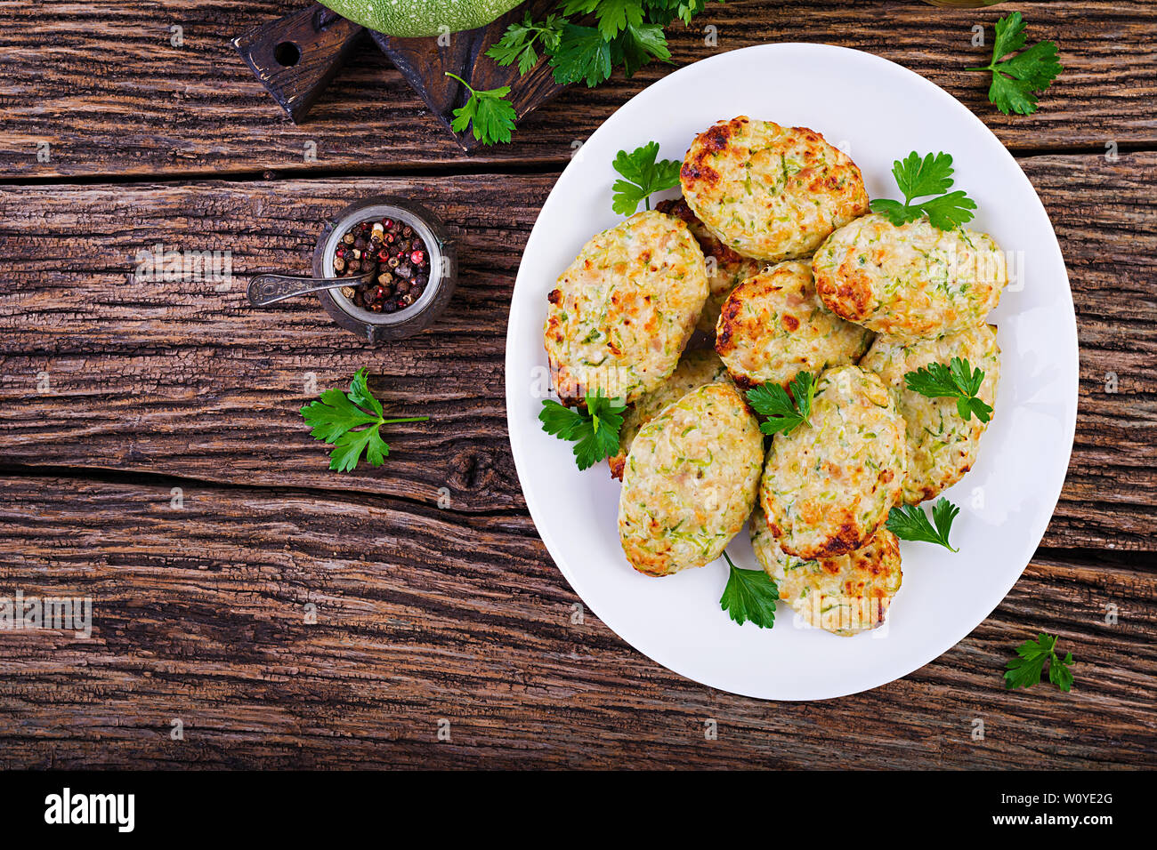 Chicken cutlet with zucchini. Healthy food. Top view Stock Photo - Alamy