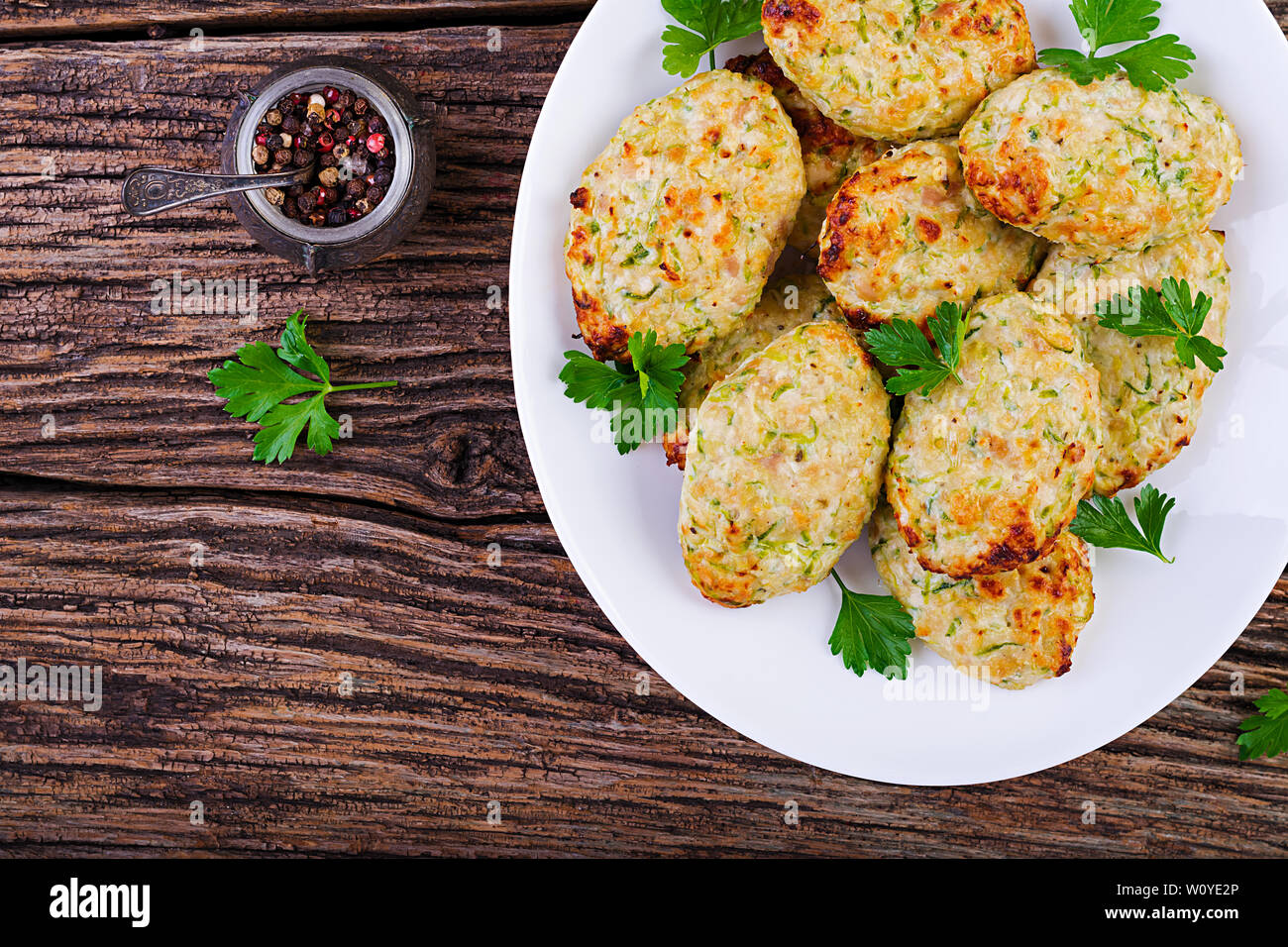 Chicken cutlet with zucchini. Healthy food. Top view Stock Photo - Alamy