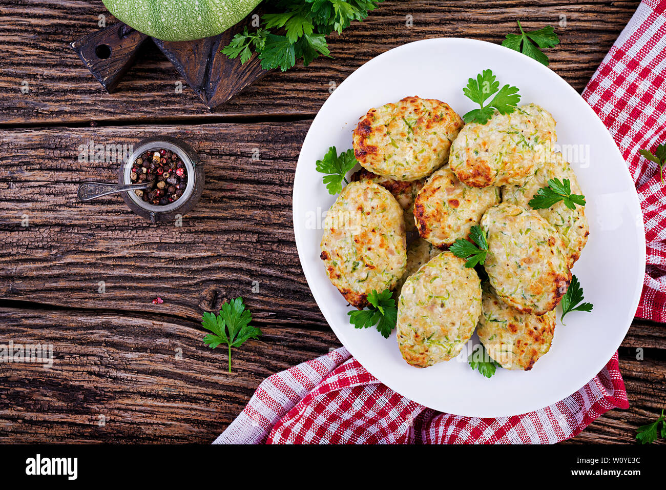Chicken cutlet with zucchini. Healthy food. Top view Stock Photo - Alamy