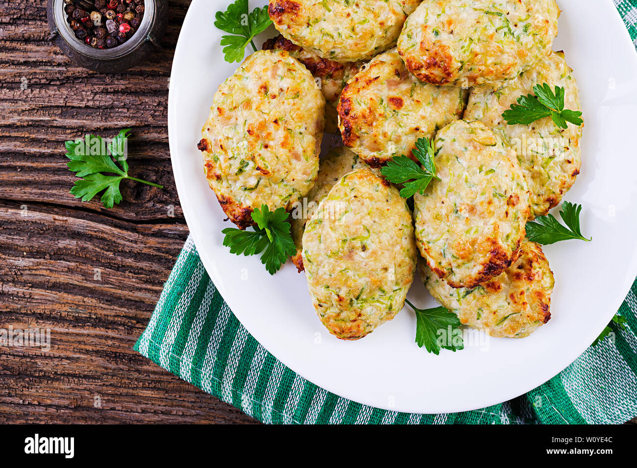 Chicken cutlet with zucchini. Healthy food. Top view Stock Photo - Alamy
