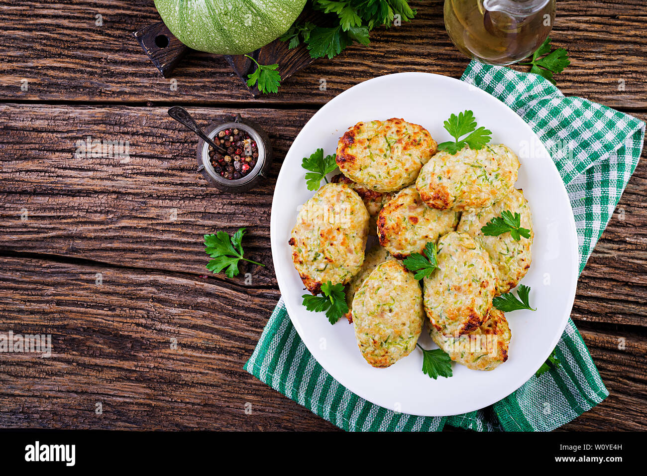 Chicken cutlet with zucchini. Healthy food. Top view Stock Photo - Alamy