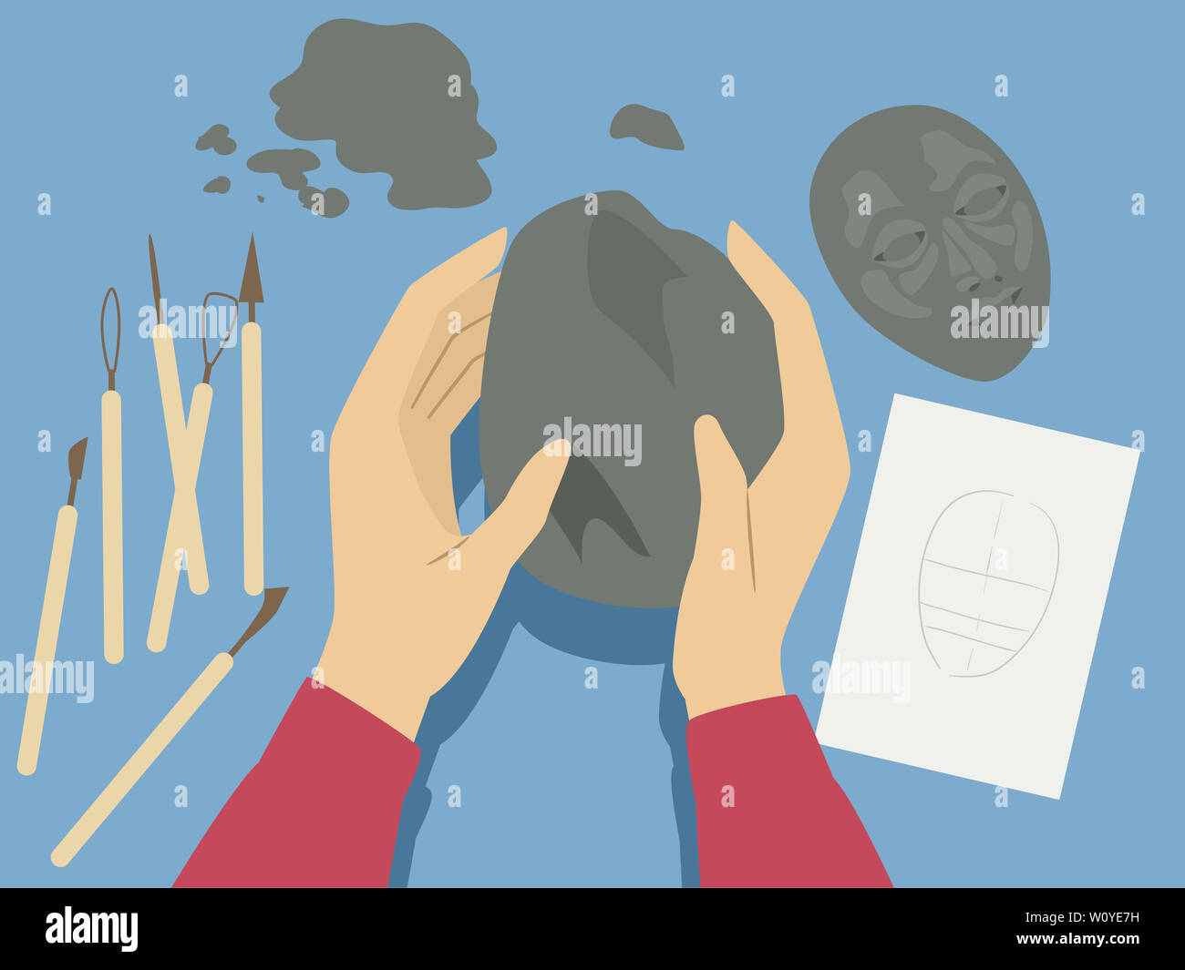 Illustration of Hands Holding Clay with Sketch and Clay Modeling and ...