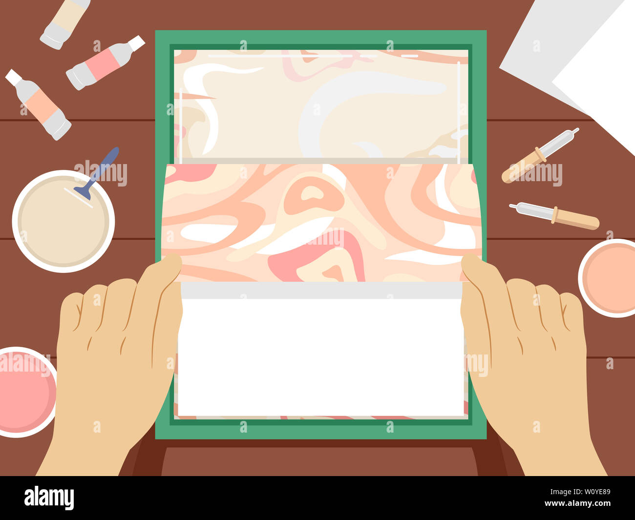 Illustration of Hands Pulling Out Paper From Tray Making a Marbled ...