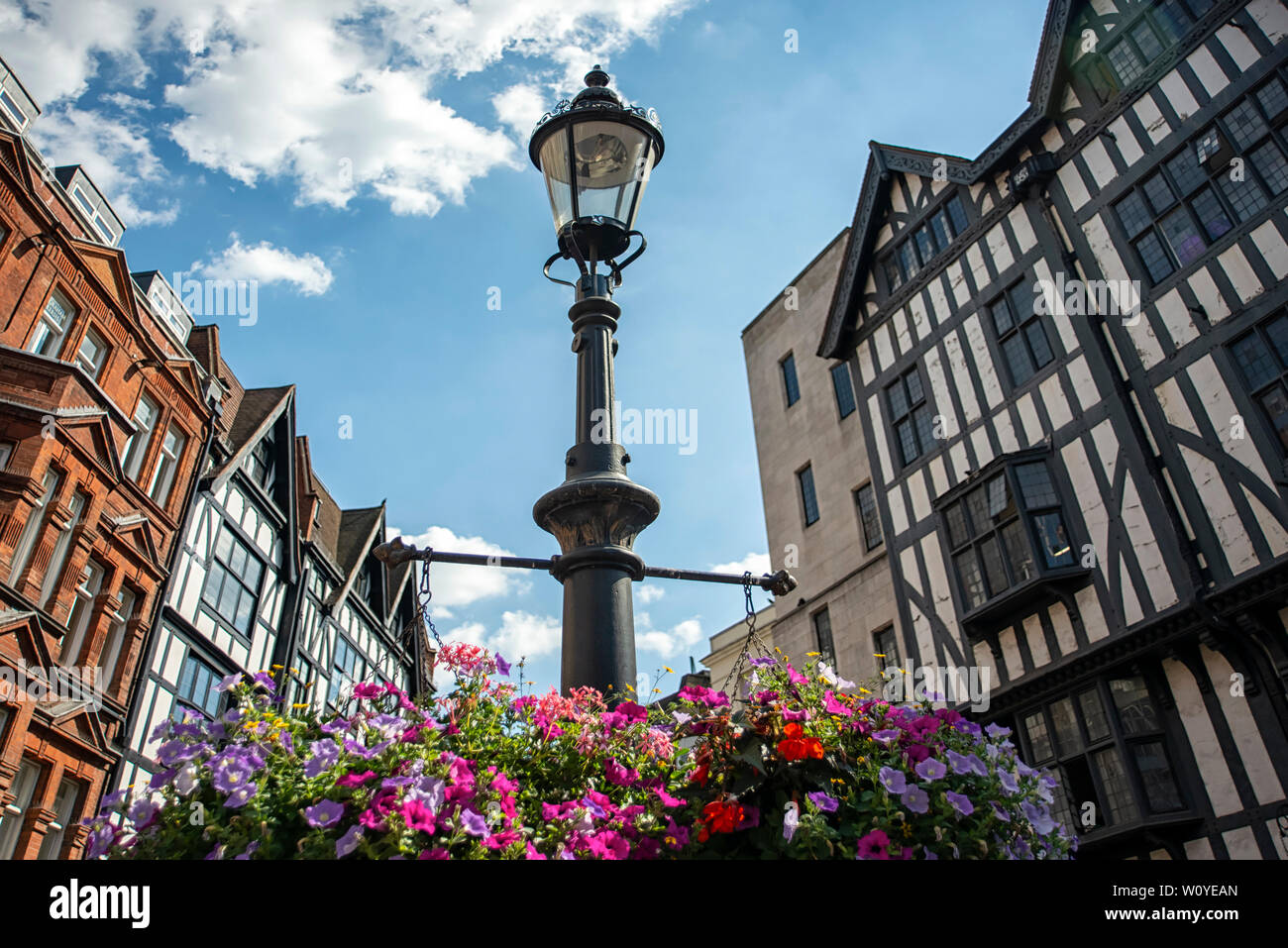 LONDON, UK - JULY 08, 2018: Floral display on old fashioned vintage ...