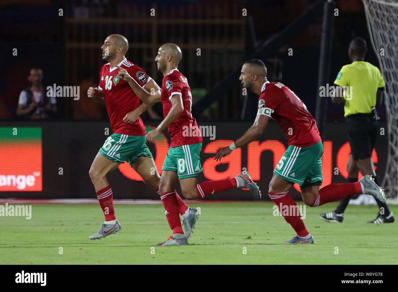 Cairo, Egypt. 28th June, 2019. Morocco's players celebrate their side's ...