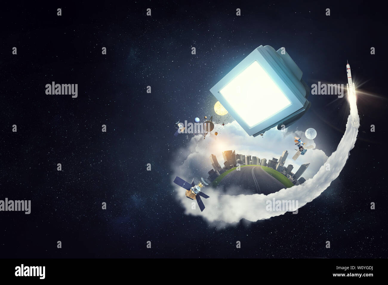 Vintage computer monitor levitating in space Stock Photo - Alamy