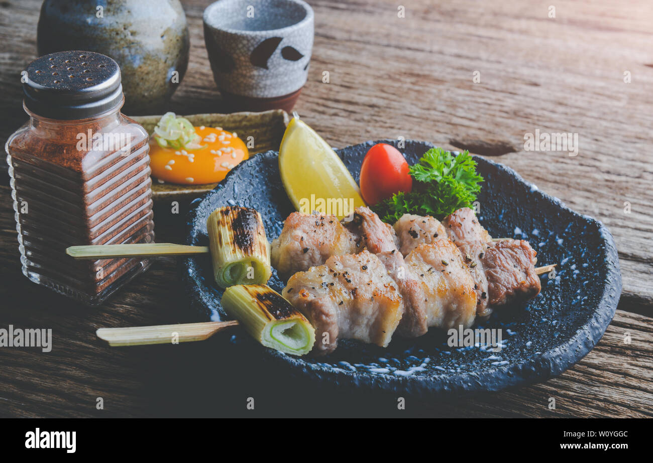 Japanese style skewers pork grilled or buta yakiton izakaya food serve ...