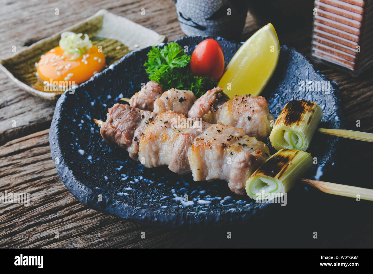 Japanese style skewers pork grilled or buta yakiton izakaya food serve ...