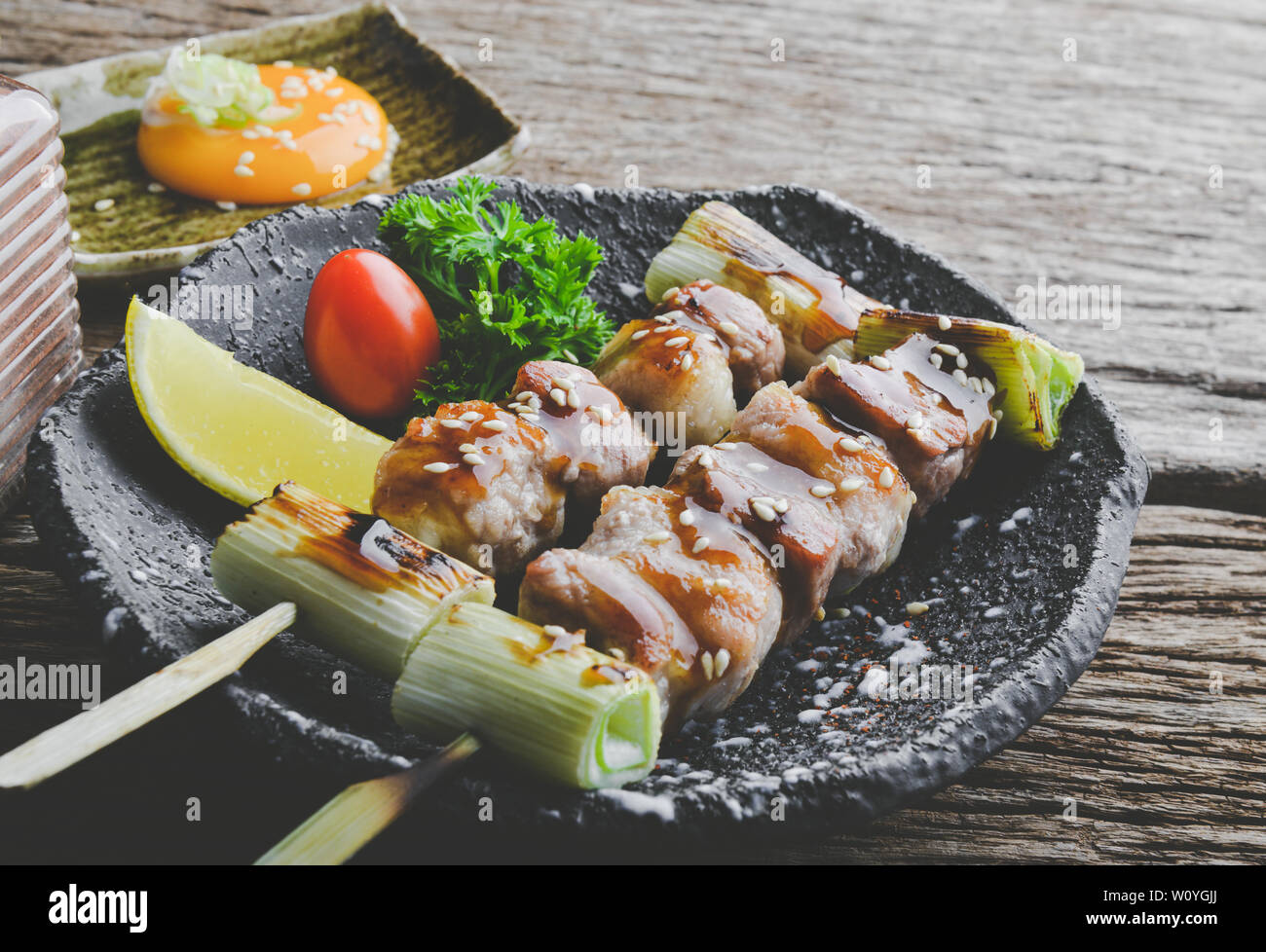 Japanese style skewers pork grilled or buta yakiton izakaya food serve ...